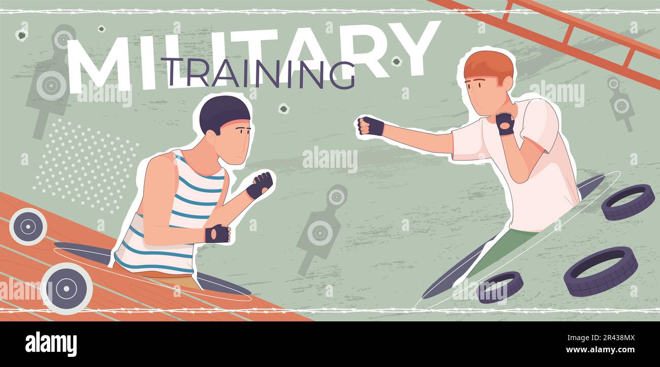 Military training flat composition with collage of fighting men with ...