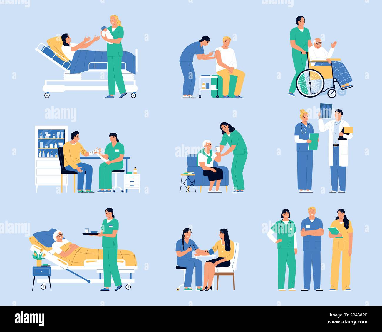 Nurse flat icons set with medical professionals during healthcare ...