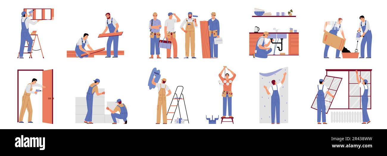 Home renovation flat icons set with handyman workers doing maintenance ...
