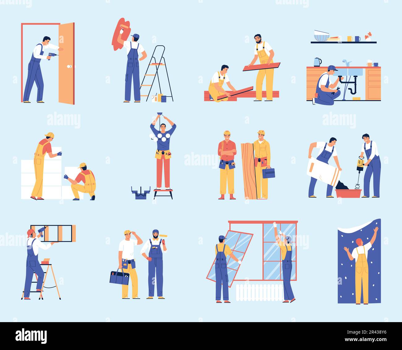 Home renovation flat icons set with handyman professionals doing repair ...