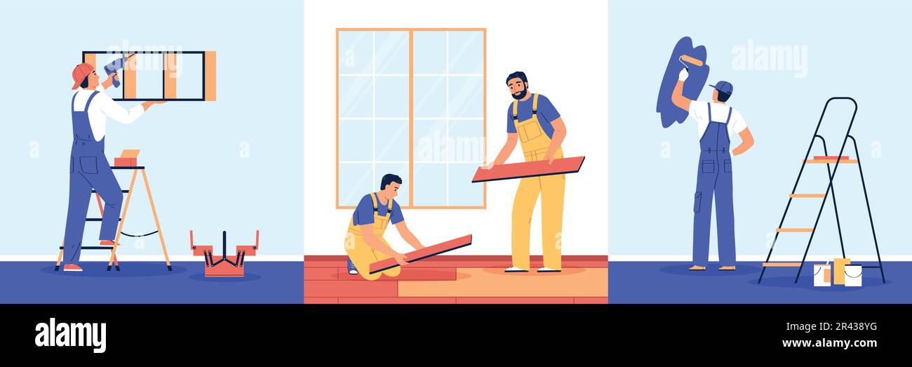 Home renovation flat set with contractor workers doing indoor ...