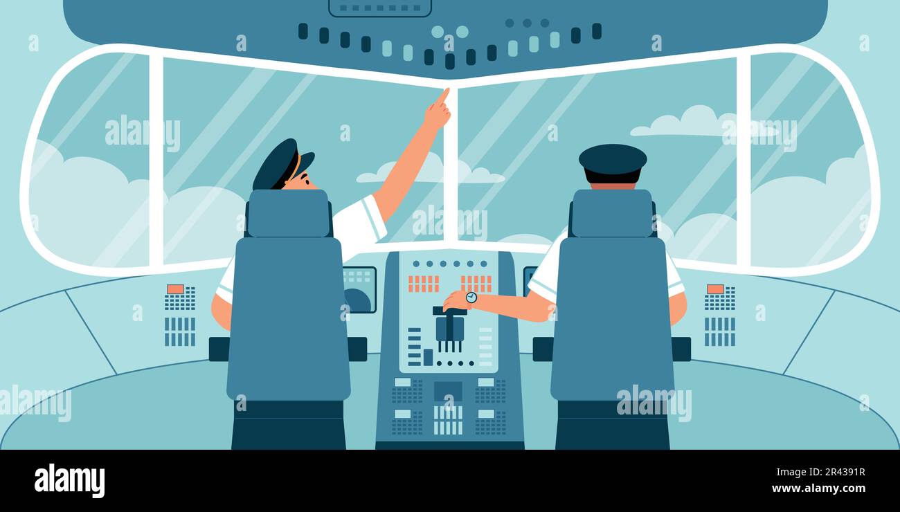Airplane interior flat concept with pilots in cabin vector illustration ...