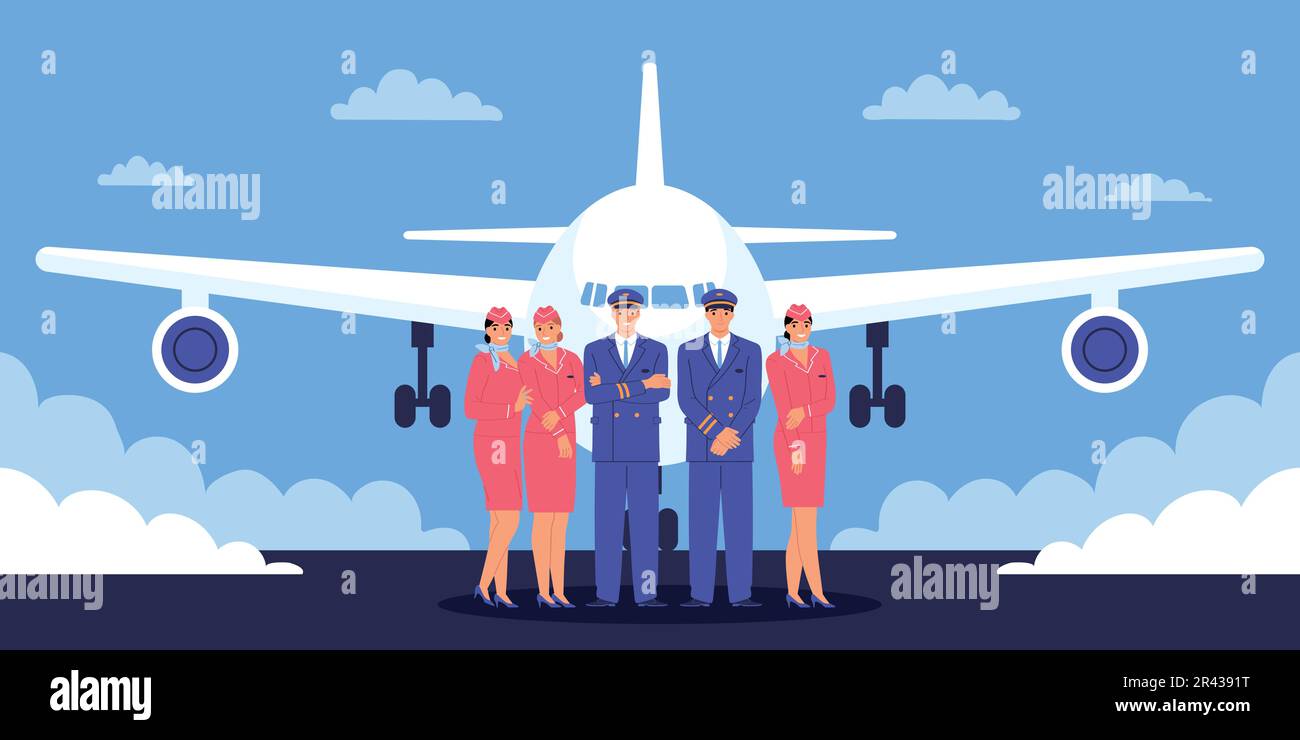 Airplane flat concept with aircraft and cabin crew in front of vector ...