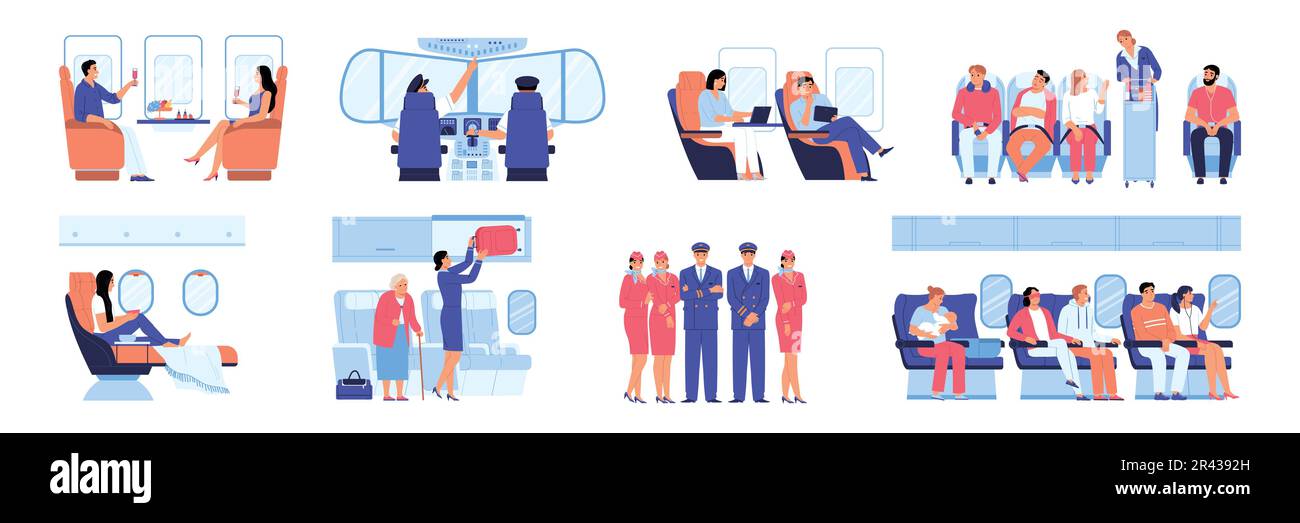 Airplane interior flat icons set with cabin crew and passengers ...