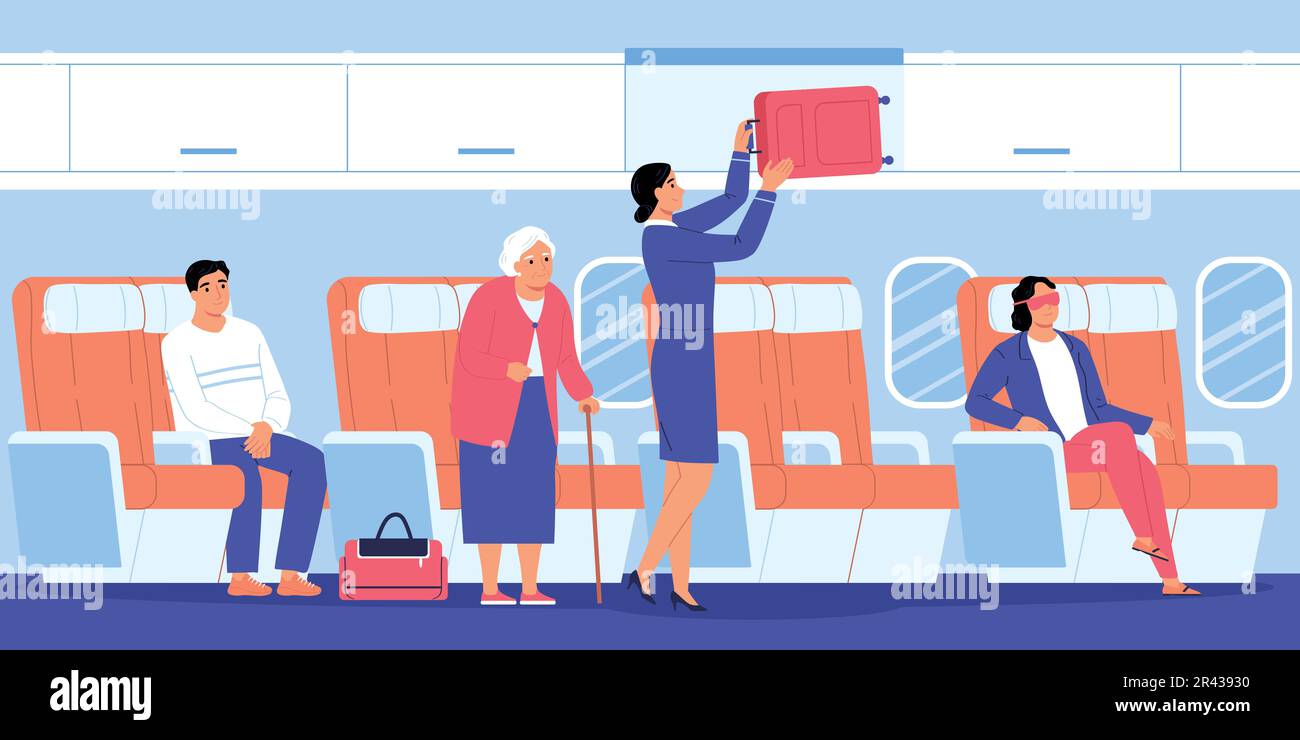 Airplane interior flat concept with stewardess and passengers vector ...