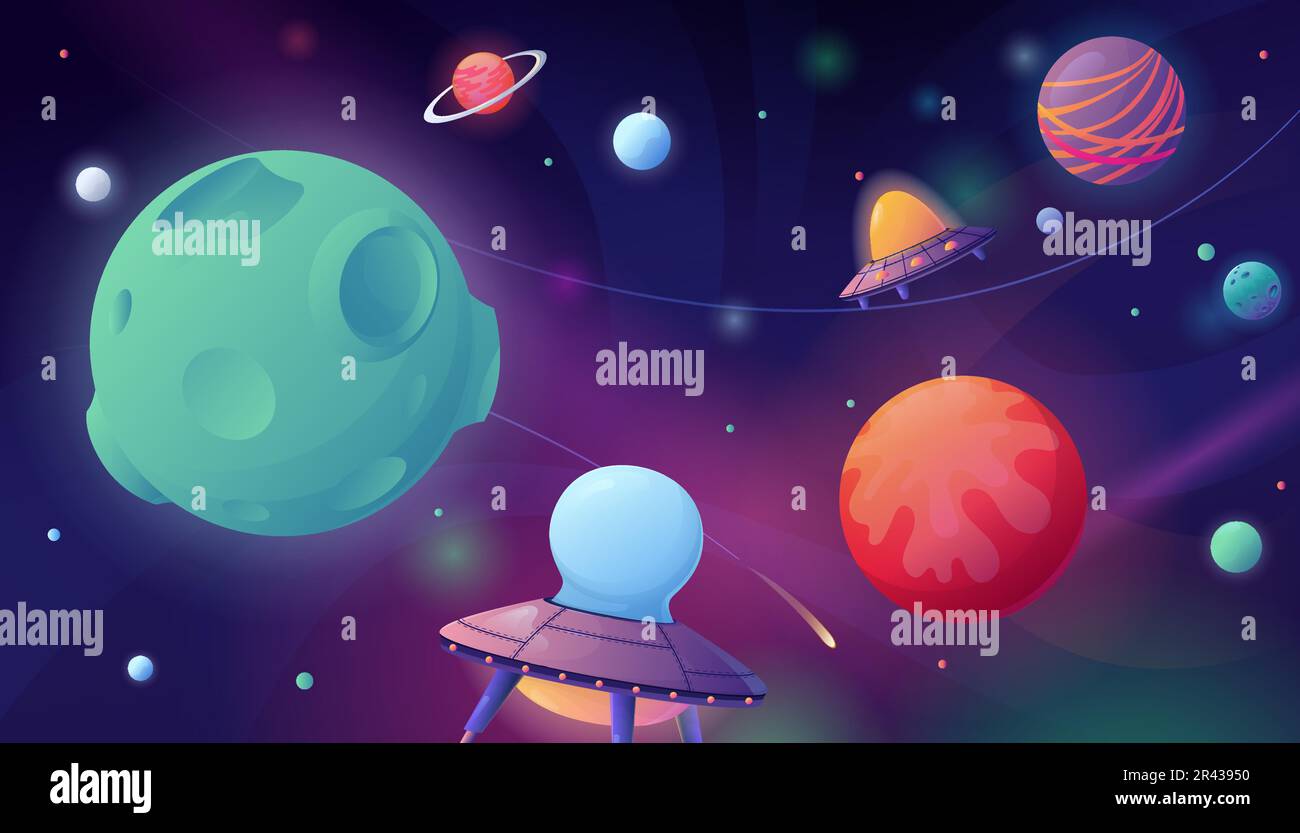 Space cartoon style composition with neon glowing outer space scenery ...