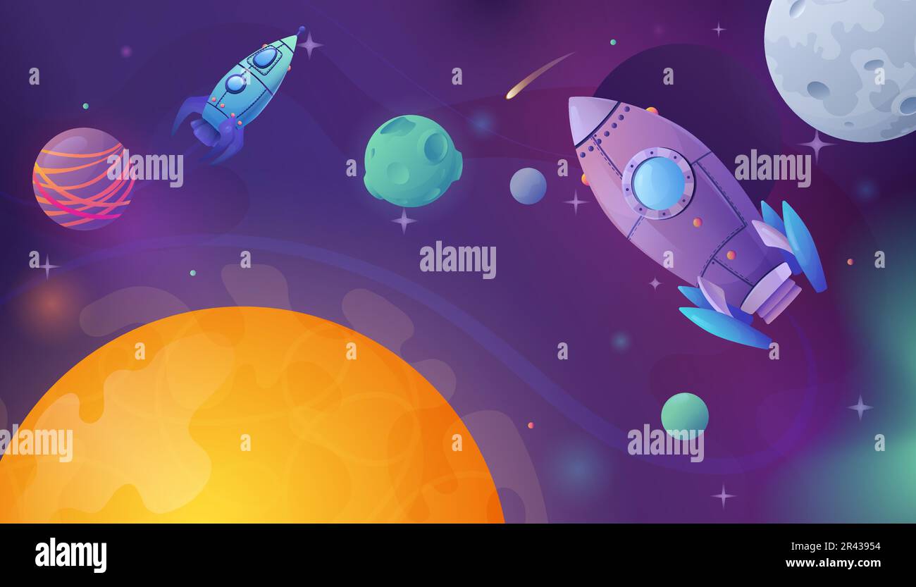 Space cartoon composition with outer space scenery and planets with ...