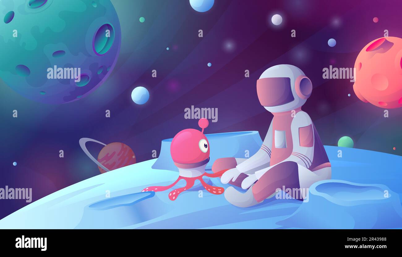 Space cartoon composition with neon glowing outer space scenery and ...
