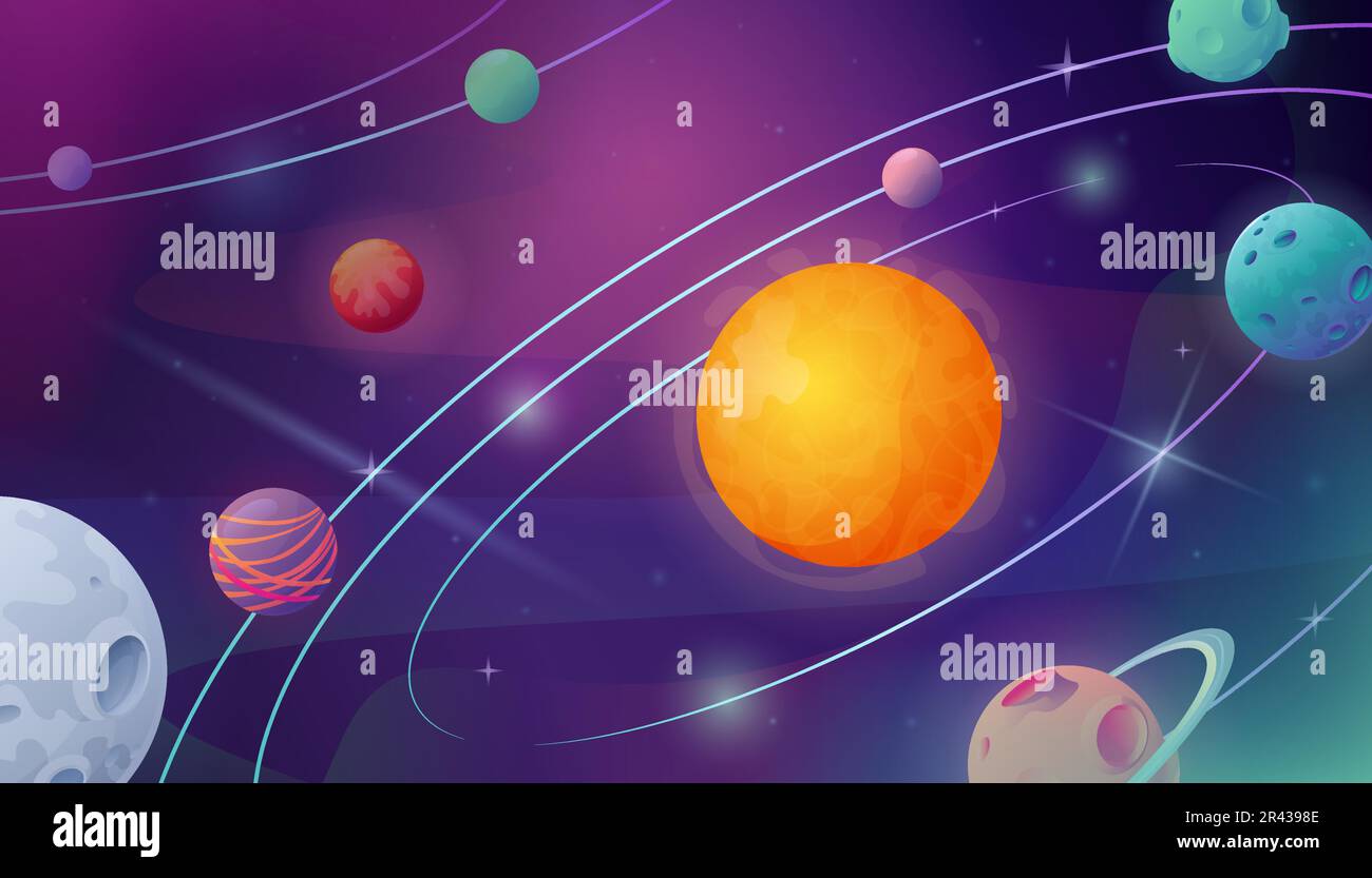 Space cartoon composition with colorful view of outer space with flying ...