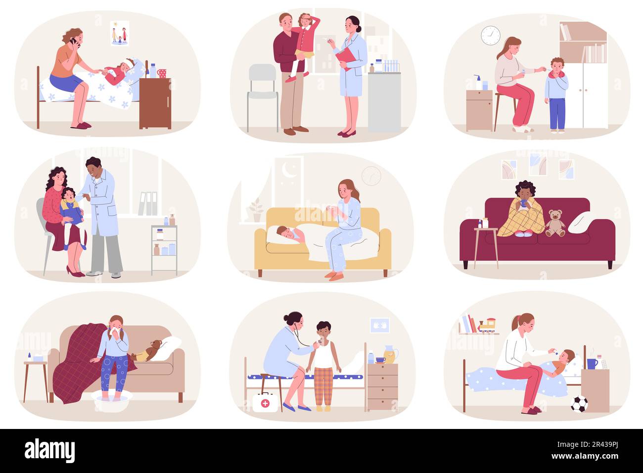 Sick child flat set with isolated compositions of kid getting ill with ...