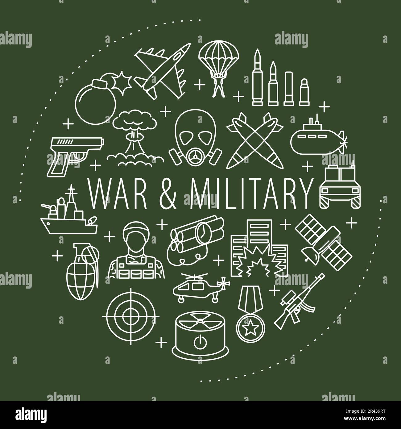 War and military round concept poster in line style. Vector ...