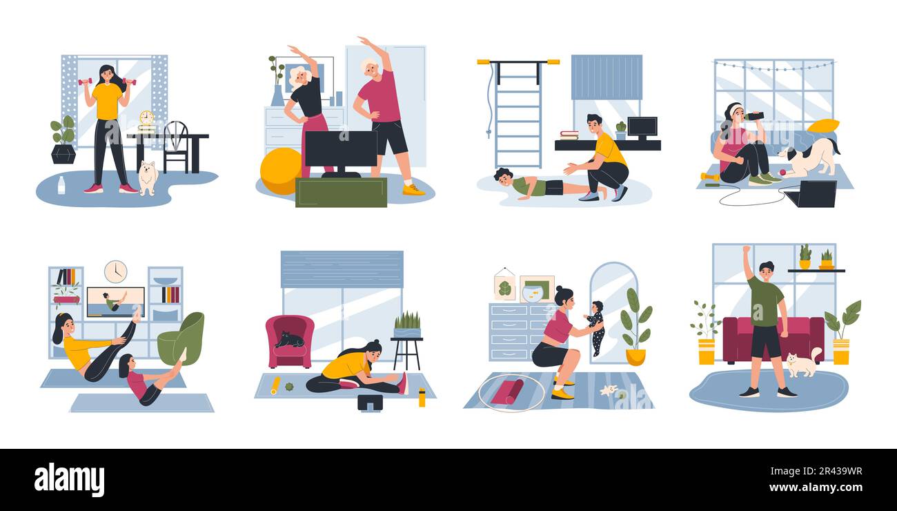 Home workout set of eight compositions with flat human characters home ...