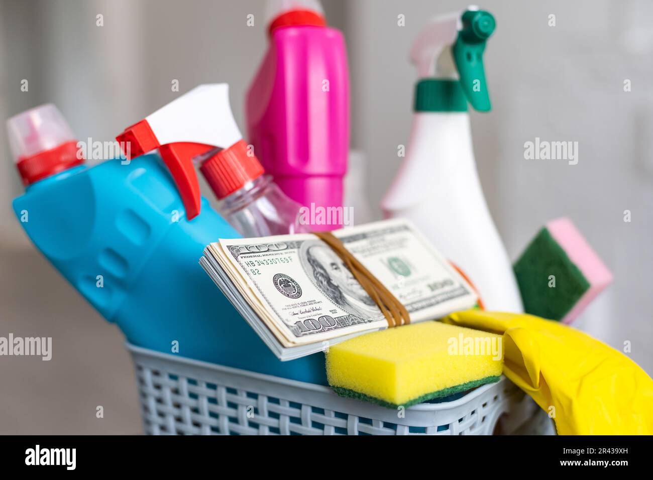 Eco brushes, sponges and rag in cleaning basket. Cleaner concept on ...