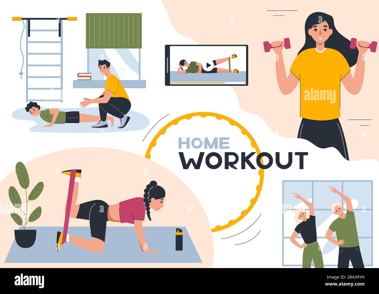Home workout flat composition with collage of domestic sport exercises ...