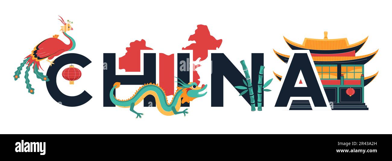 China symbol composition of flat text surrounded by icons of peacock ...