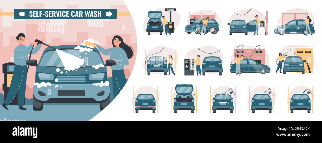 Self service car wash flat set of isolated compositions with views of ...