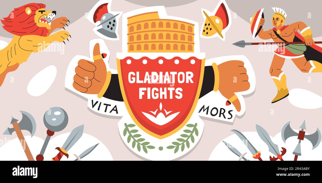 Gladiator fights composition with collage of flat blade weapon images ...