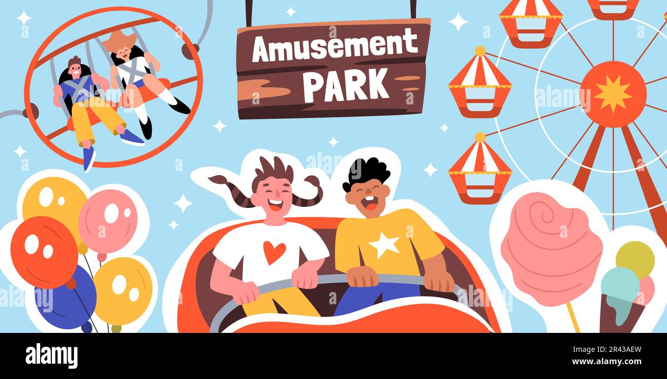 Amusement park flat infographics with isolated round compositions of ...
