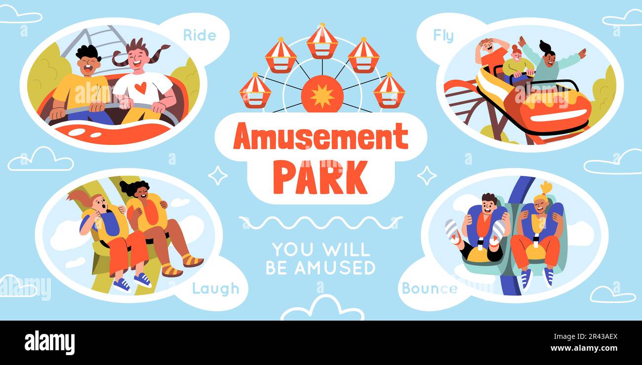 Amusement park flat infographics with isolated round compositions of ...