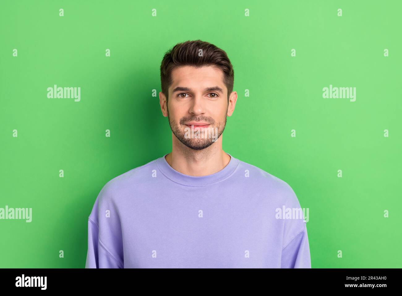 Photo of good mood cheerful young man wear purple outfit smiling ...