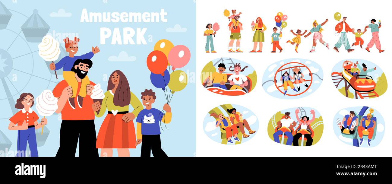 Amusement park flat composition with cartoon style characters of family ...