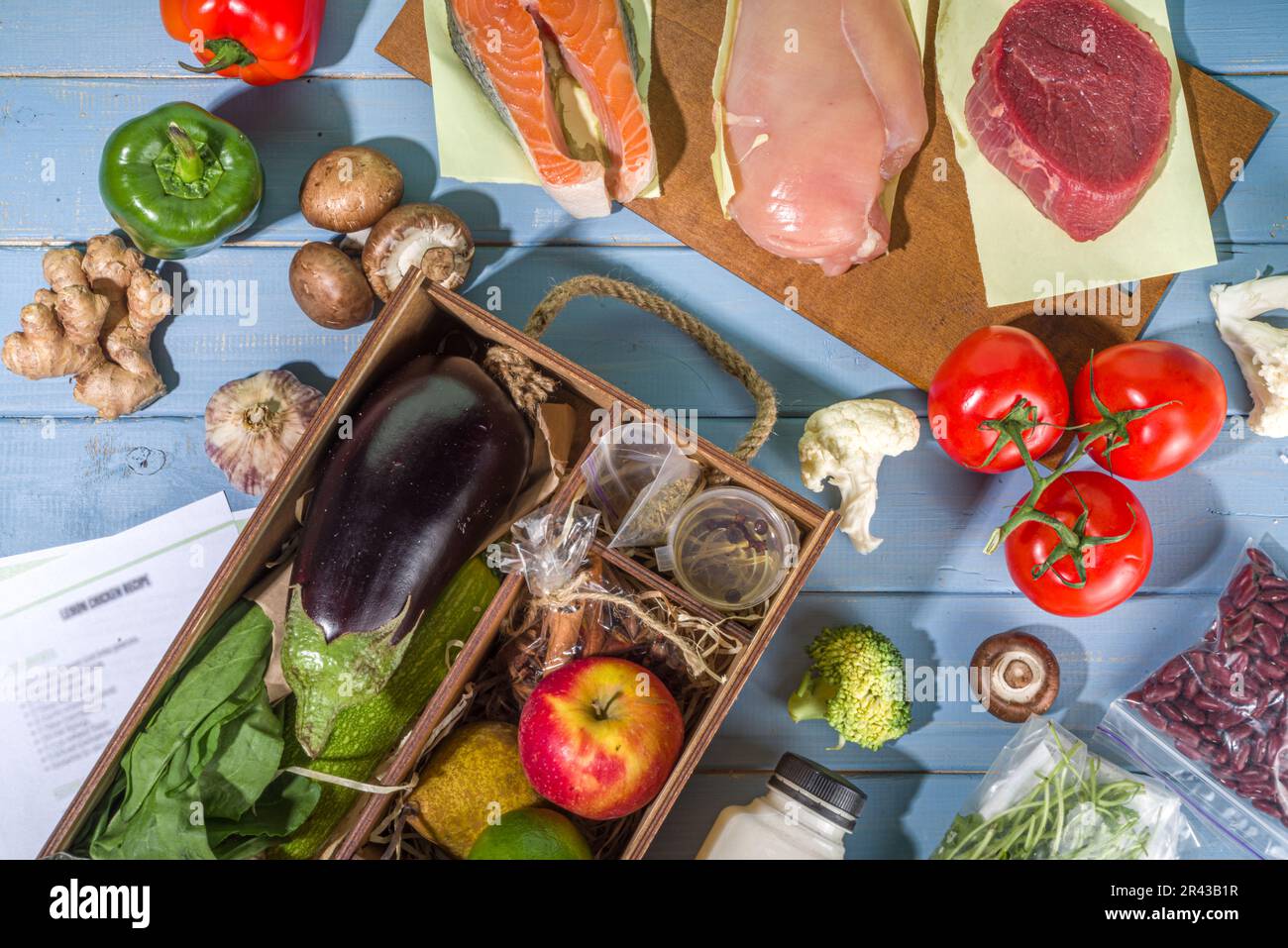 Meal Kit Delivery Concept. Set various healthy dishes food ingredients ...