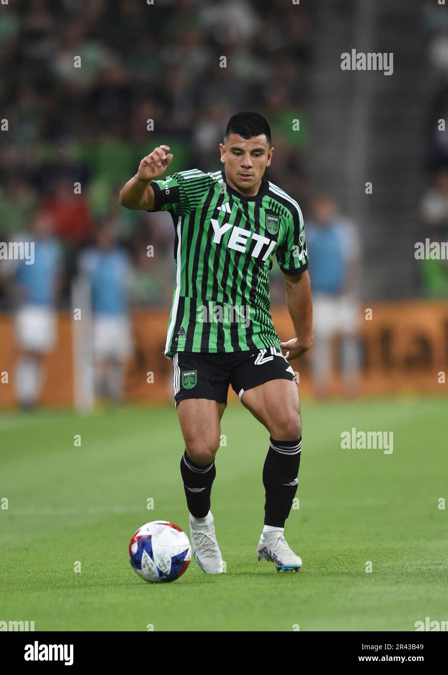 AUSTIN, TX - MAY 20: Austin FC defender Nick Lima moves the ball downfield during game between ...