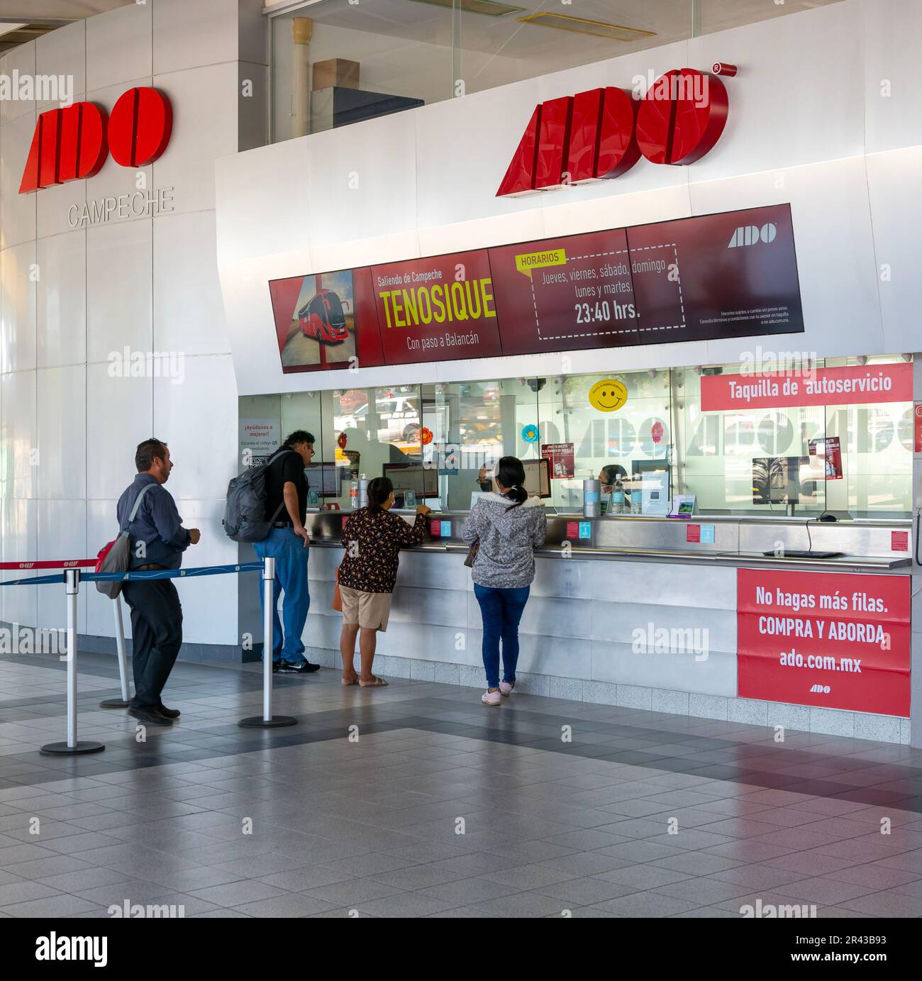 Ticket booths at ADO bus terminal downtown city centre, Campeche ...