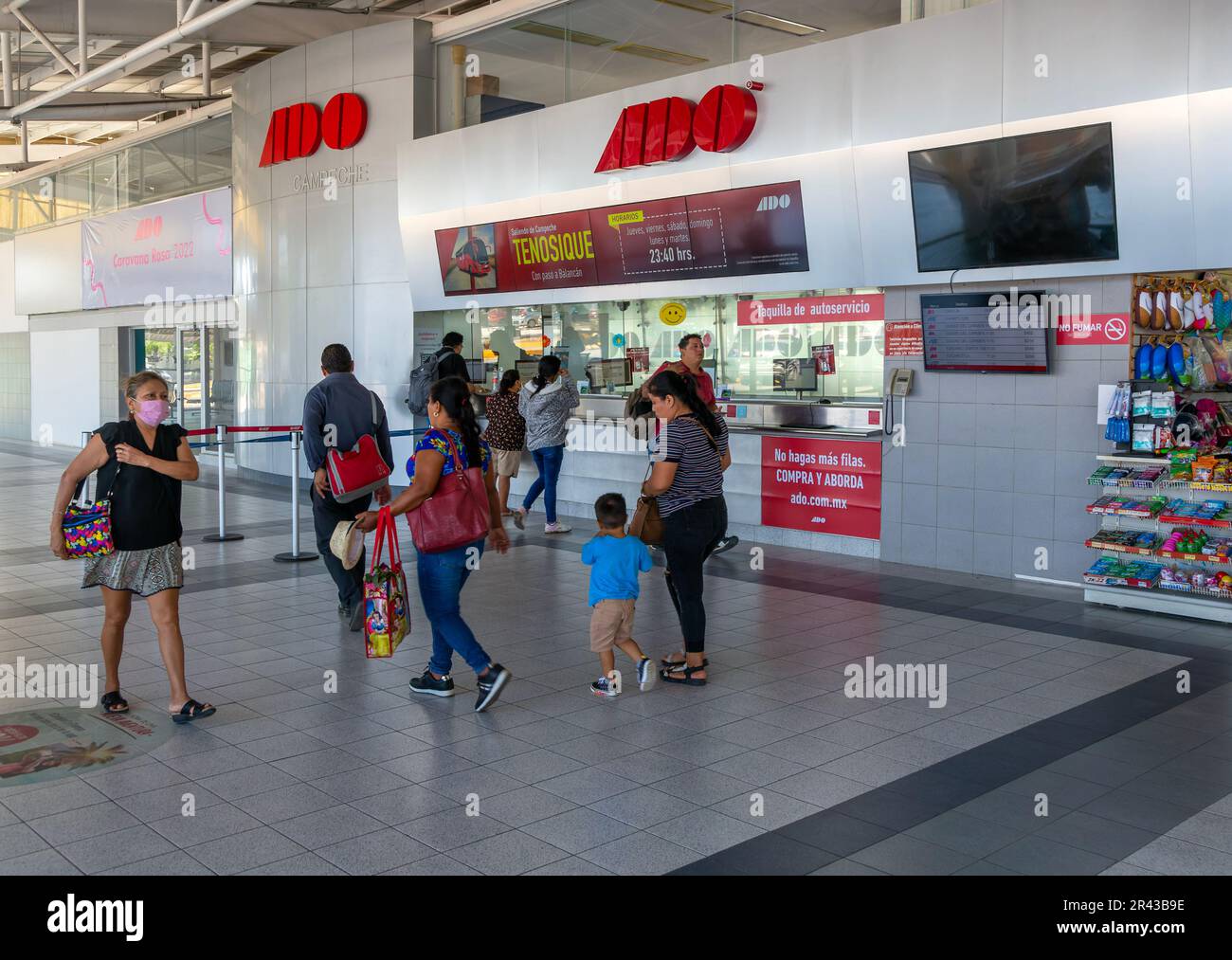 Ticket booths at ADO bus terminal downtown city centre, Campeche ...