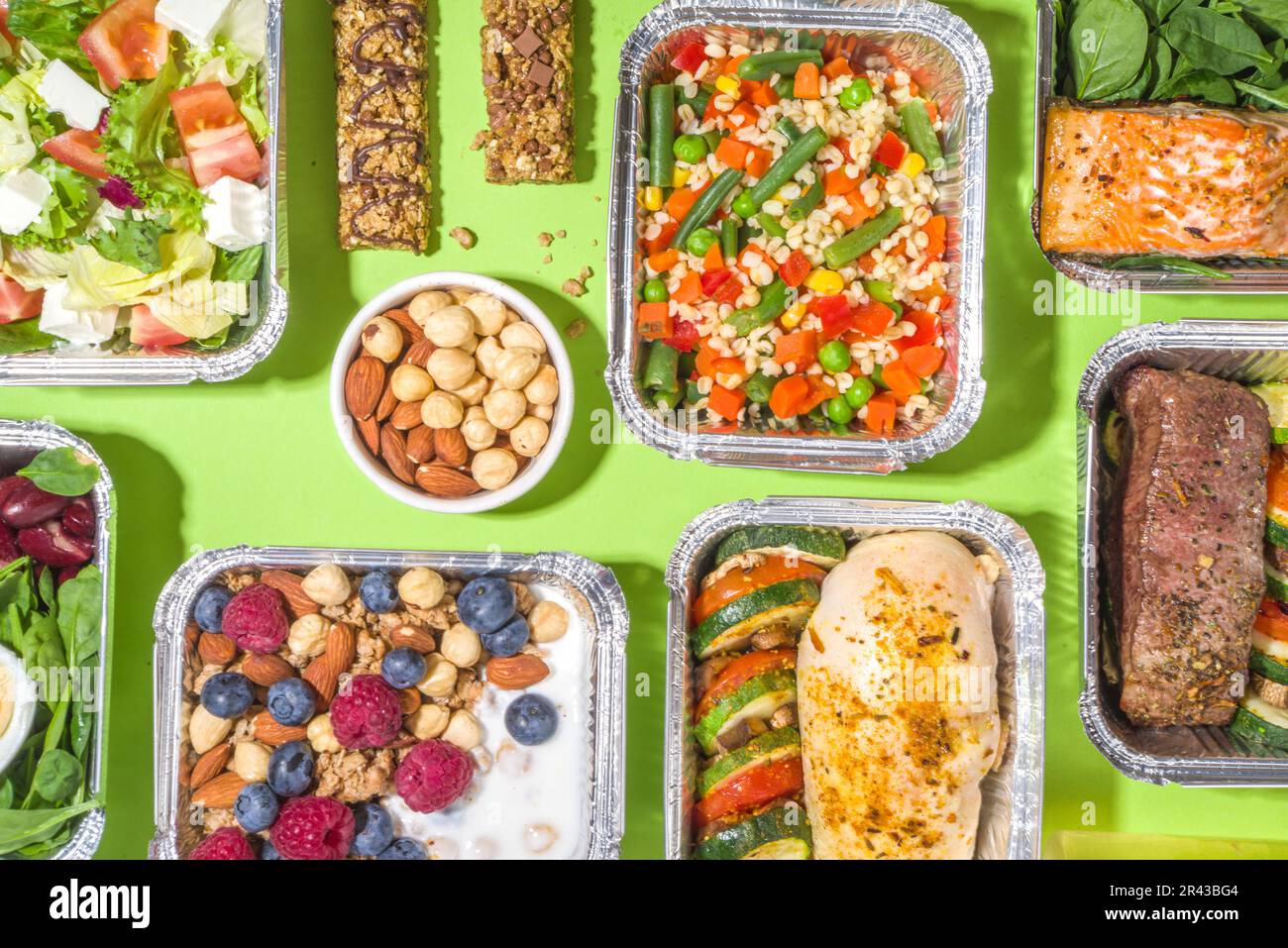 Healthy catering menu, courier food delivery lunch boxes. Beef steak ...