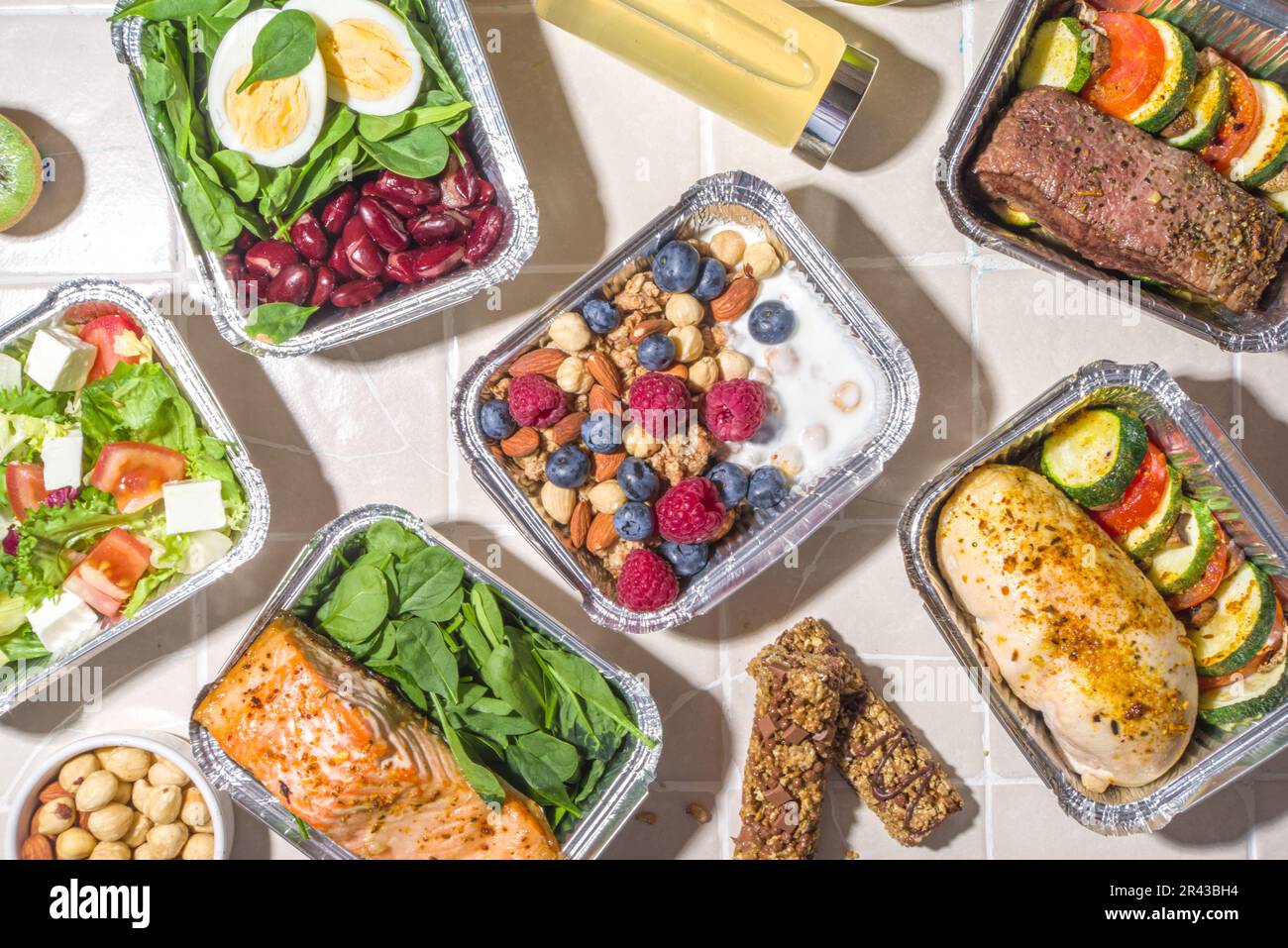 Healthy catering menu, courier food delivery lunch boxes. Beef steak ...