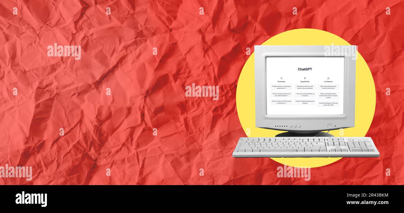 Art collage, ChatGPT old computer on a red background. A man searches ...