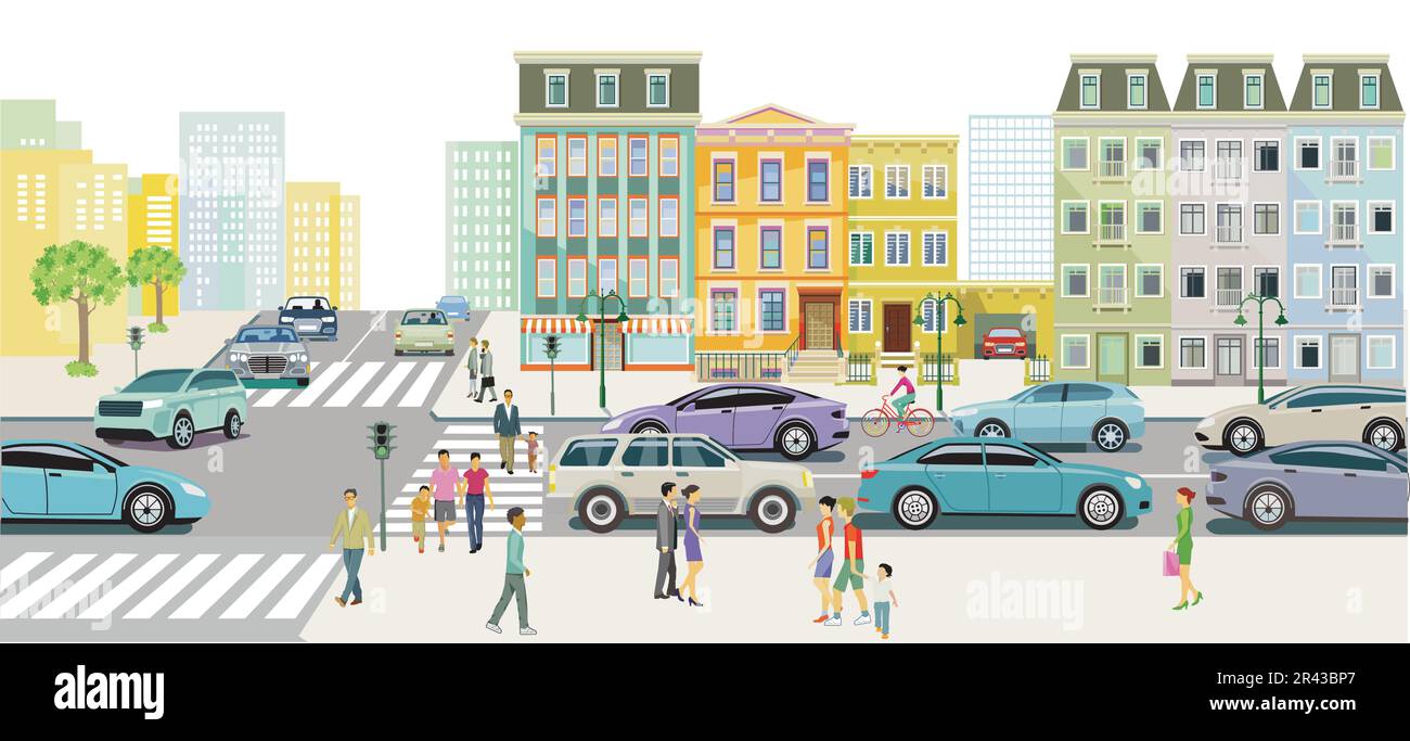 Urban silhouette of a city with traffic and pedestrians, illustration ...