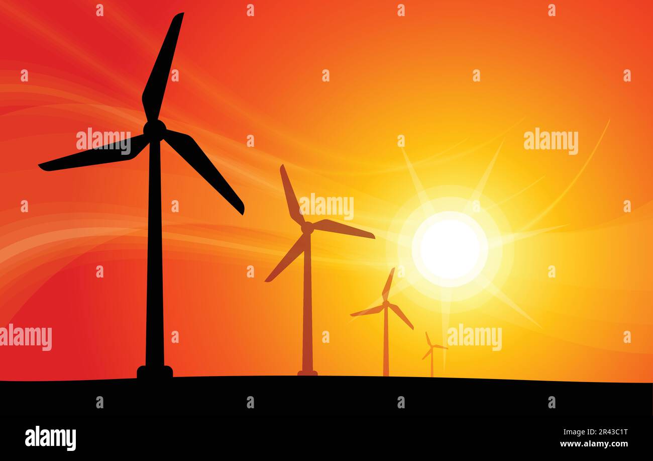 multiple windmill turbine generator silhouettes against a rural red ...