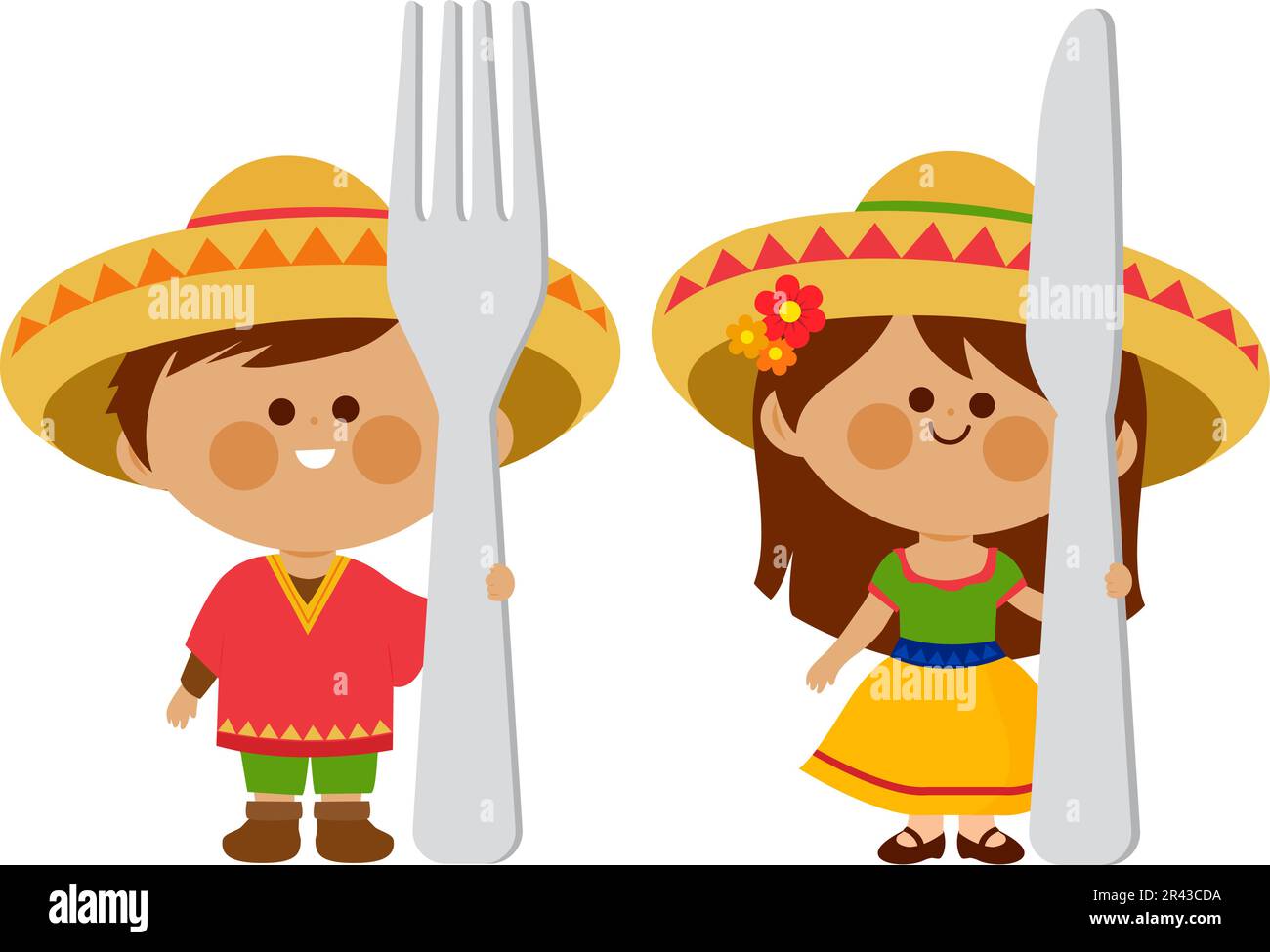 Mexican children holding a fork and a knife. Kids meal. Vector ...