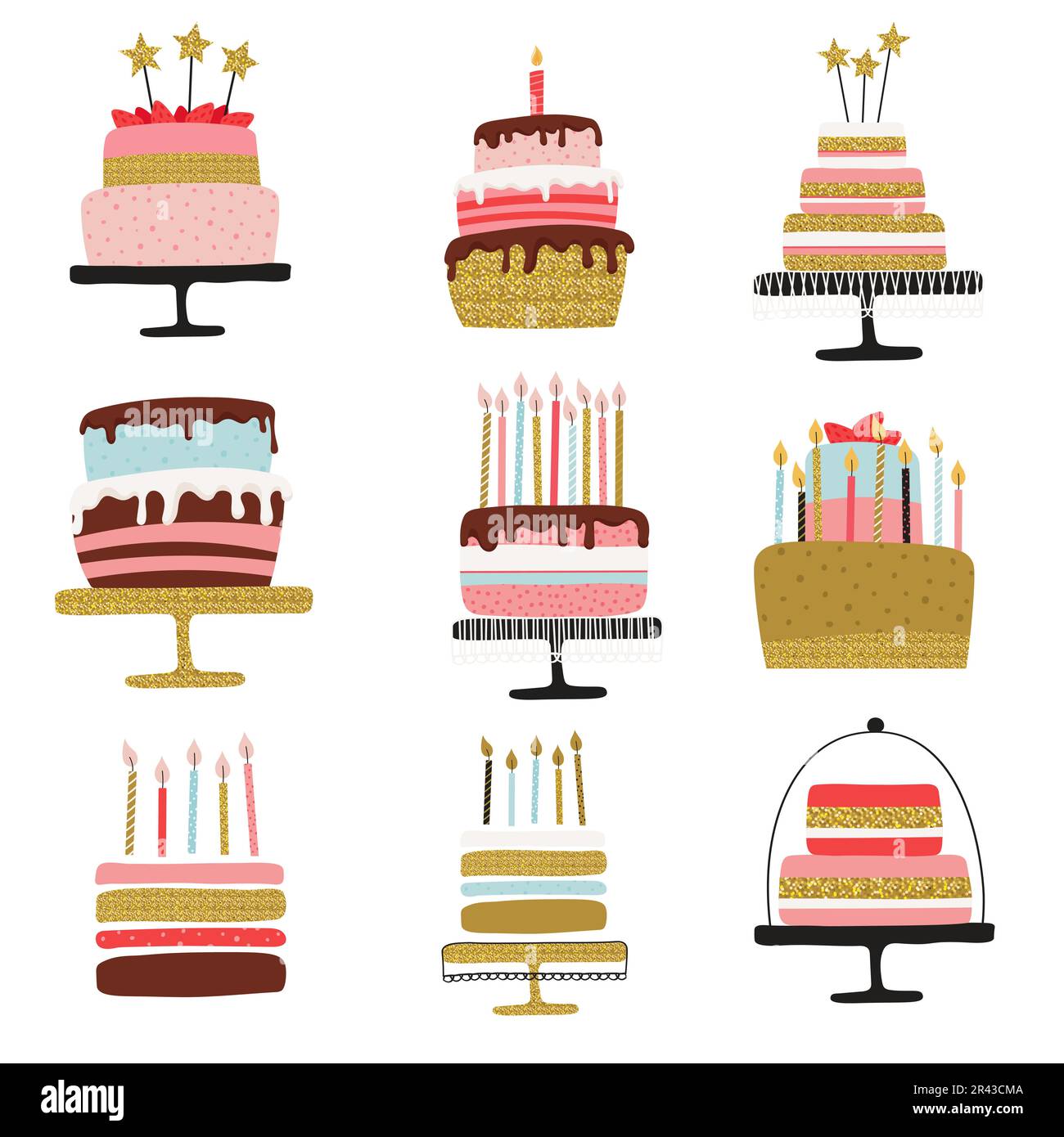 Happy Birthday cakes collection. Festive sweet tasty dessert in a cute ...