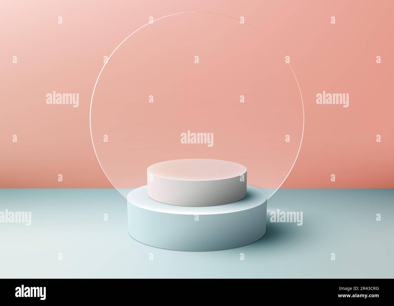 3D realistic blue podium stand with circle transparent glass backdrop ...