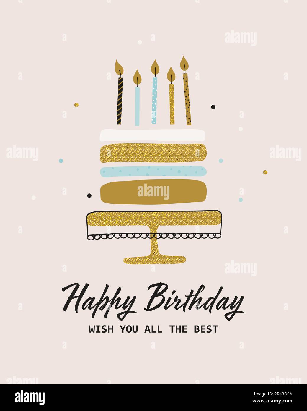 Happy Birthday greeting card. Festive cute glitter cake with candles ...