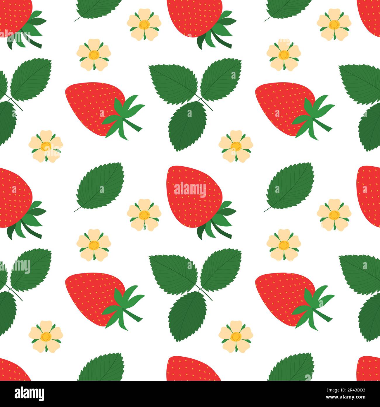 Seamless vector strawberry flowers. Repeating background with summer fruits on white. Use for ...