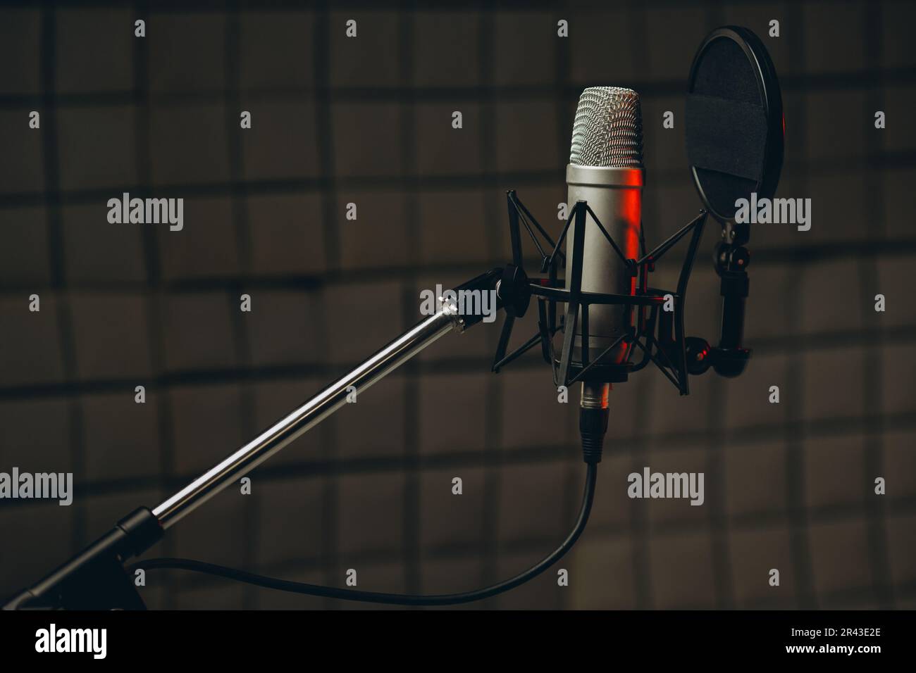 Pan shot of a professional microphone for dubbing and voice over in the ...