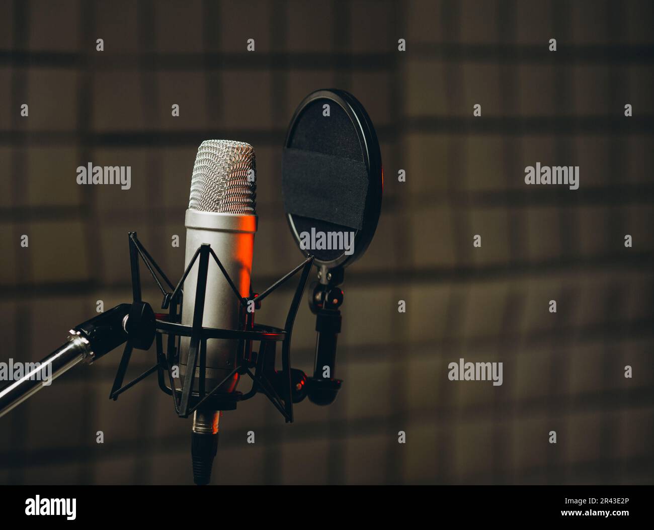 Pan shot of a professional microphone for dubbing and voice over in the ...