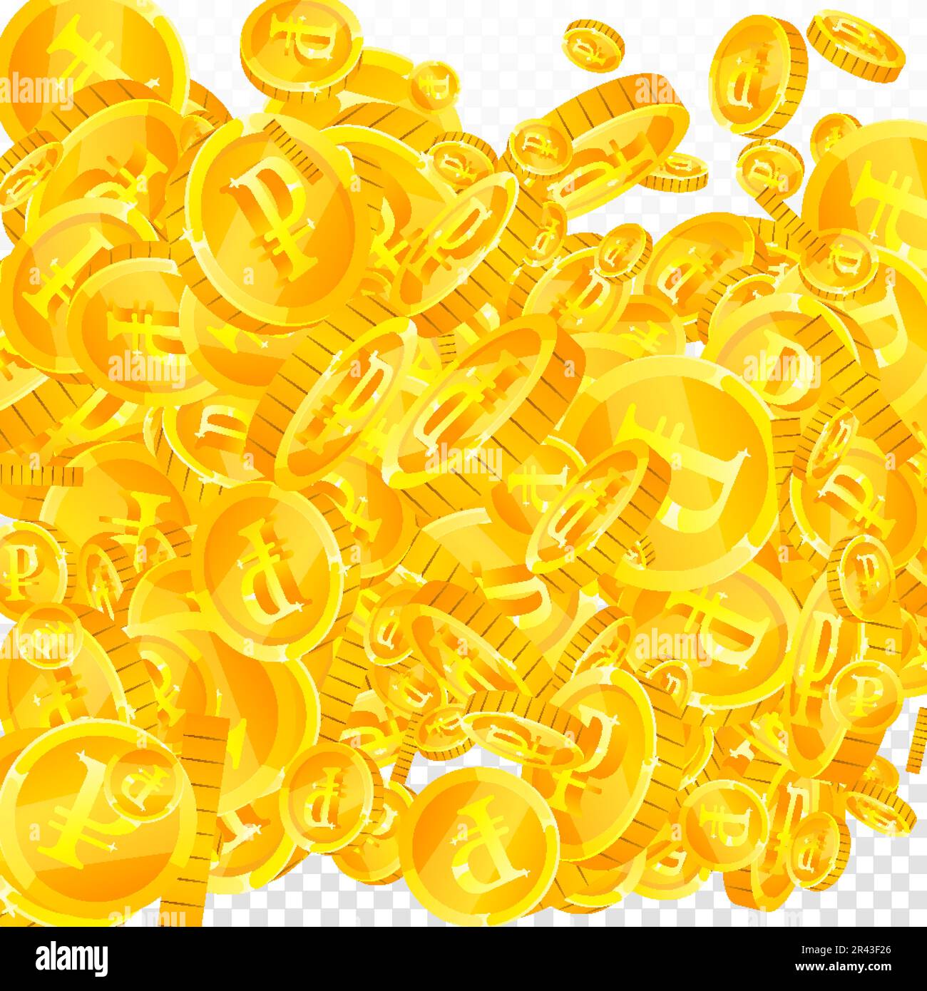 Russian ruble coins falling. Scattered gold RUB coins. Russia money ...