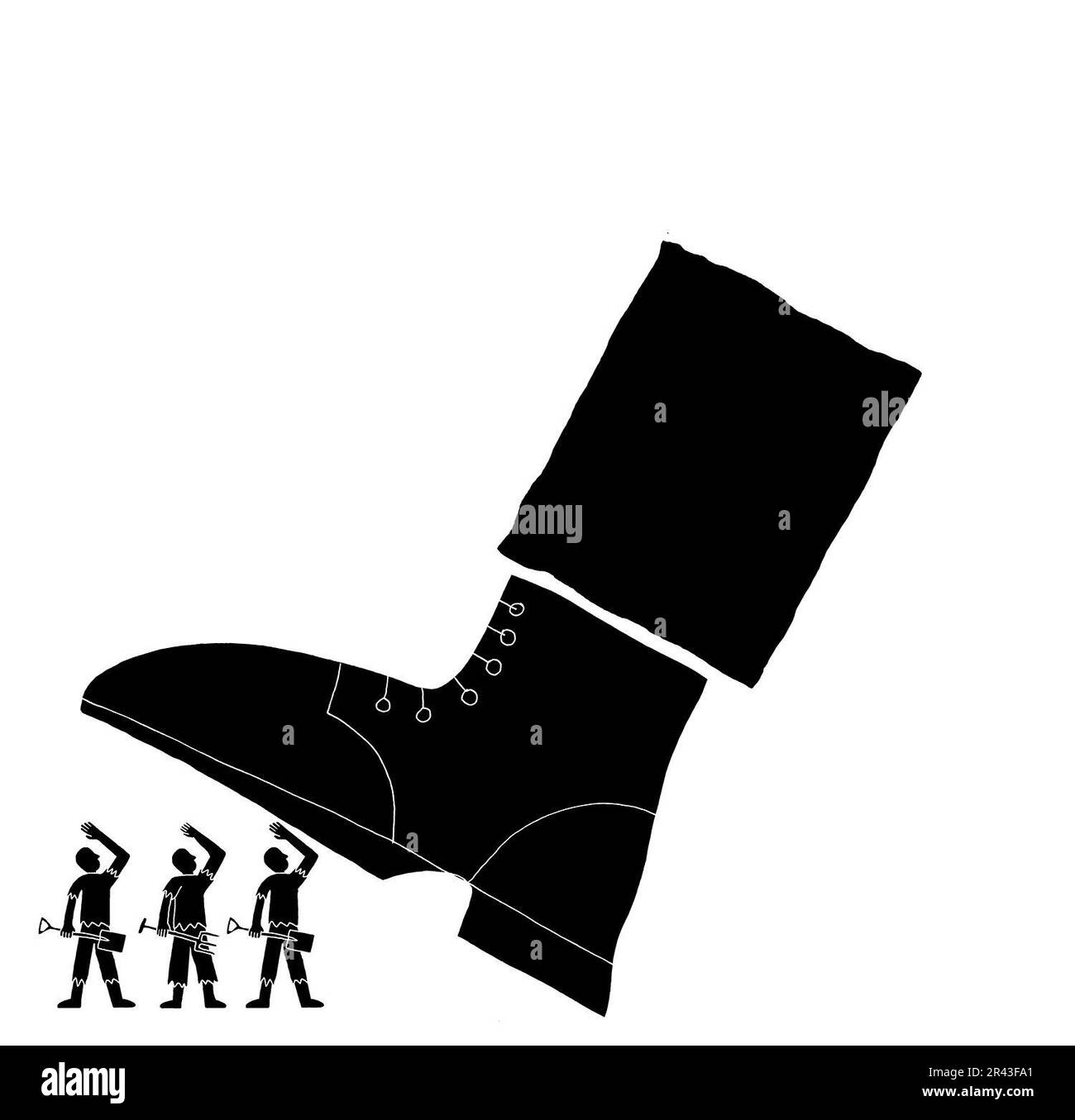 Black and white illustration showing boot crushing farmers Stock Photo ...