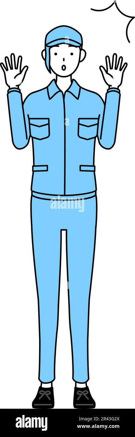 Woman in hat and work clothes raising her hand in surprise, Vector ...