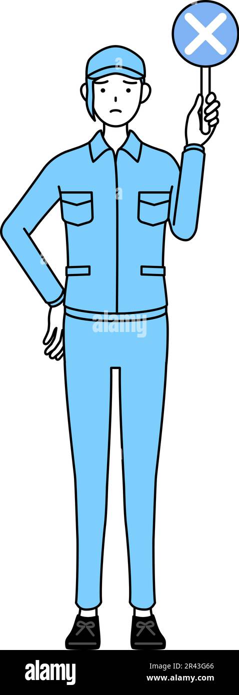 Woman in hat and work clothes holding a placard with an X indicating ...