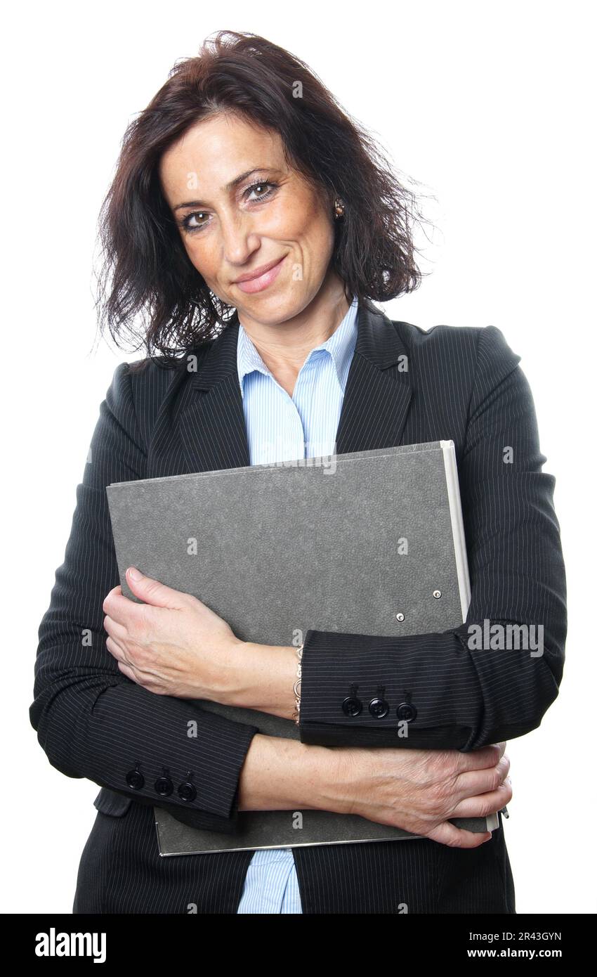 mid age business woman hugging document file folder Stock Photo - Alamy