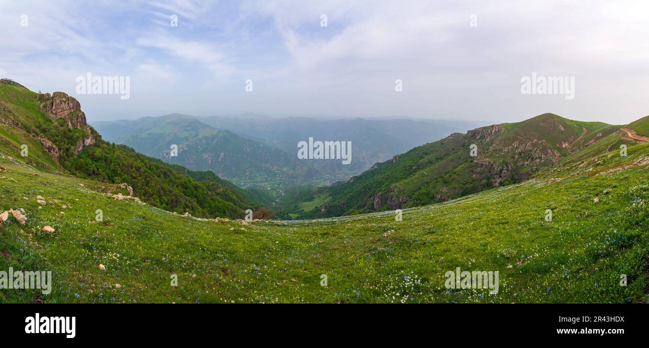 Panoramic view of green mountain peaks in western Azerbaijan Stock ...