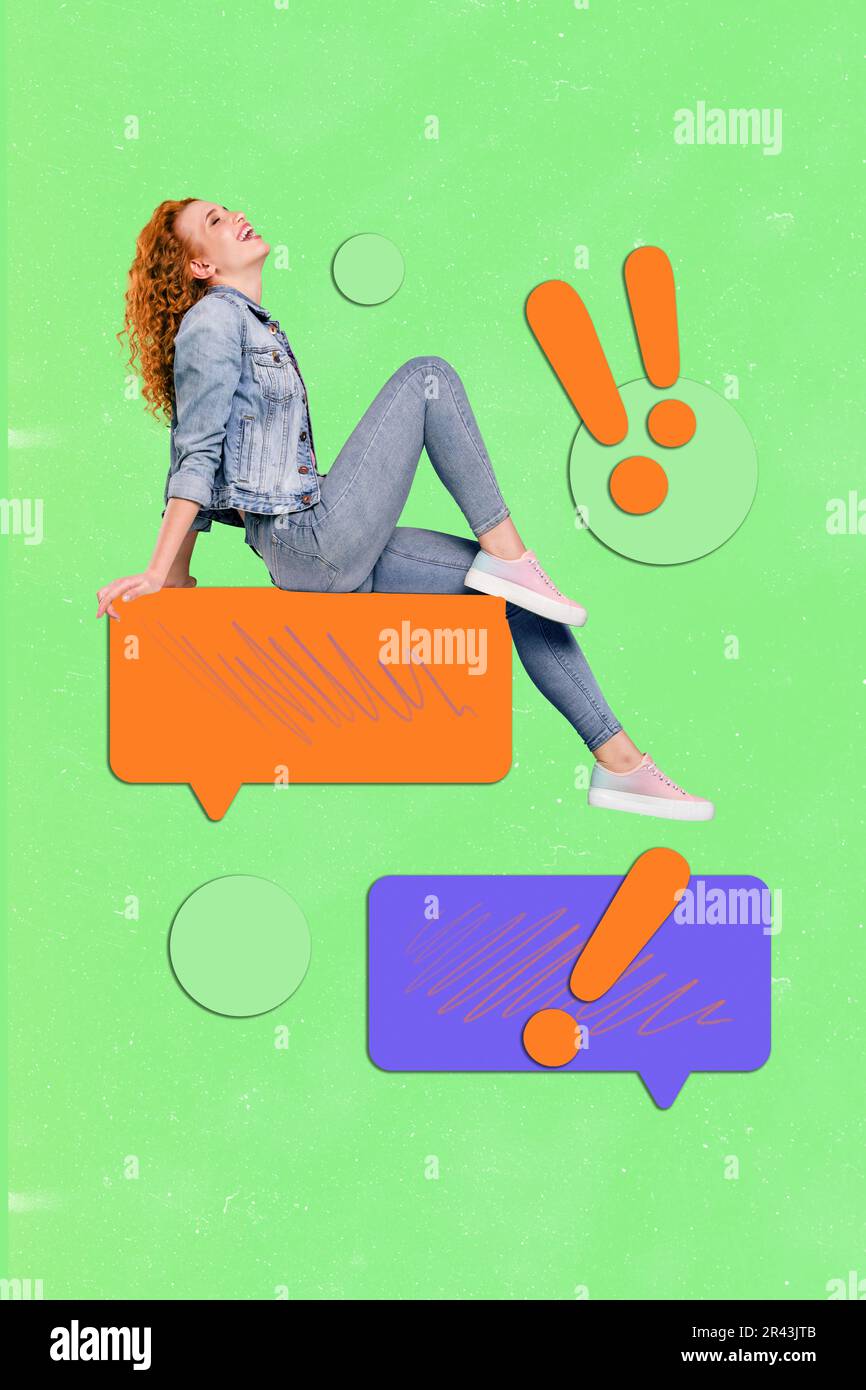 Vertical collage picture of mini positive girl sit dialogue chat bubble ...