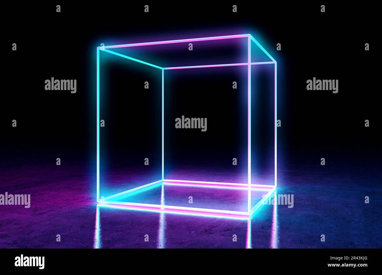 Neon lights and concrete floor in a dark interior space Stock Photo - Alamy