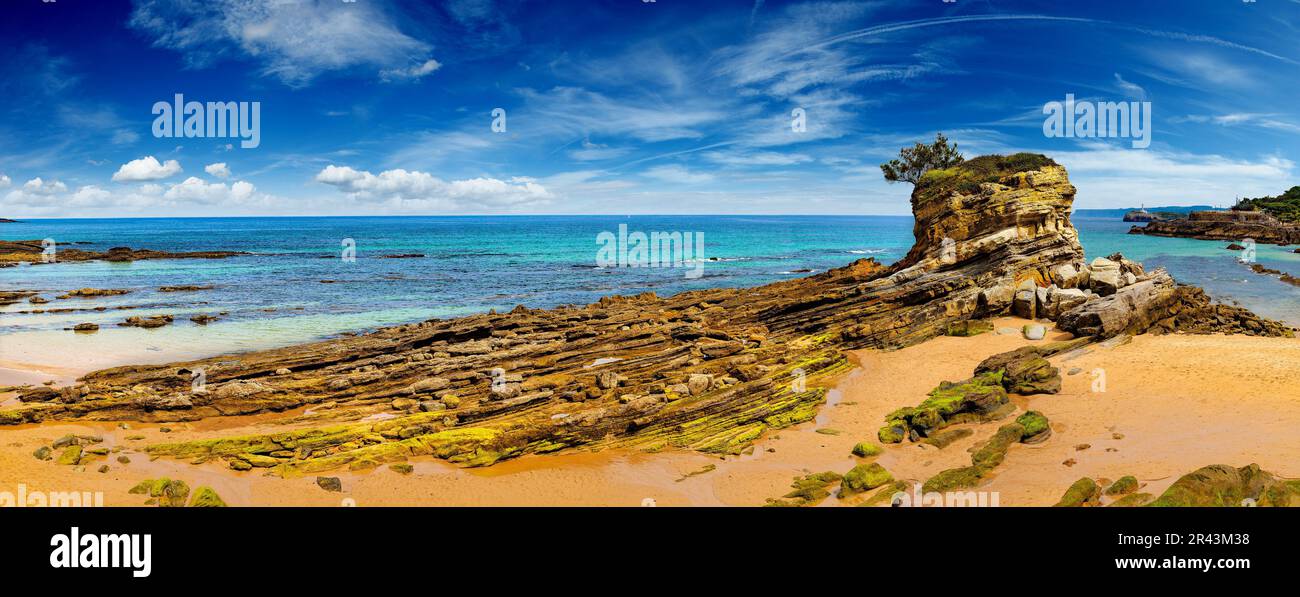 Scenic coasts and coastal towns in northern Spain.Cantabria.Camel beach ...